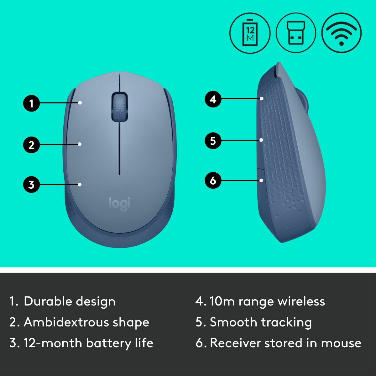 Logitech M171 Wireless Optical Mouse (2.4GHz Wireless, Blue Grey)