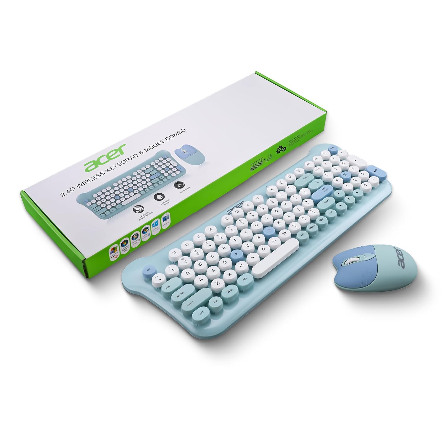 Acer CUTEO 2.4GHz Wireless Keyboard & Mouse Combo I Retro Style Round ...