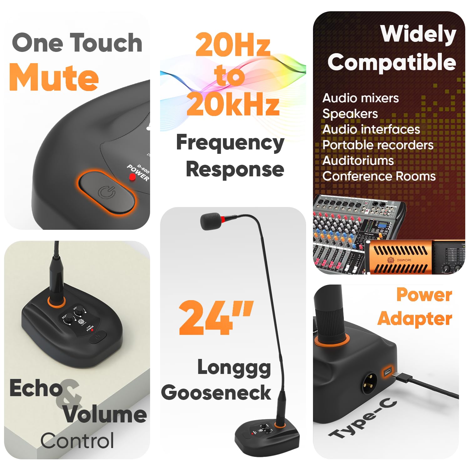 DIGIMORE 24" Desktop Podium Gooseneck Condenser Microphone | XLR Input ...