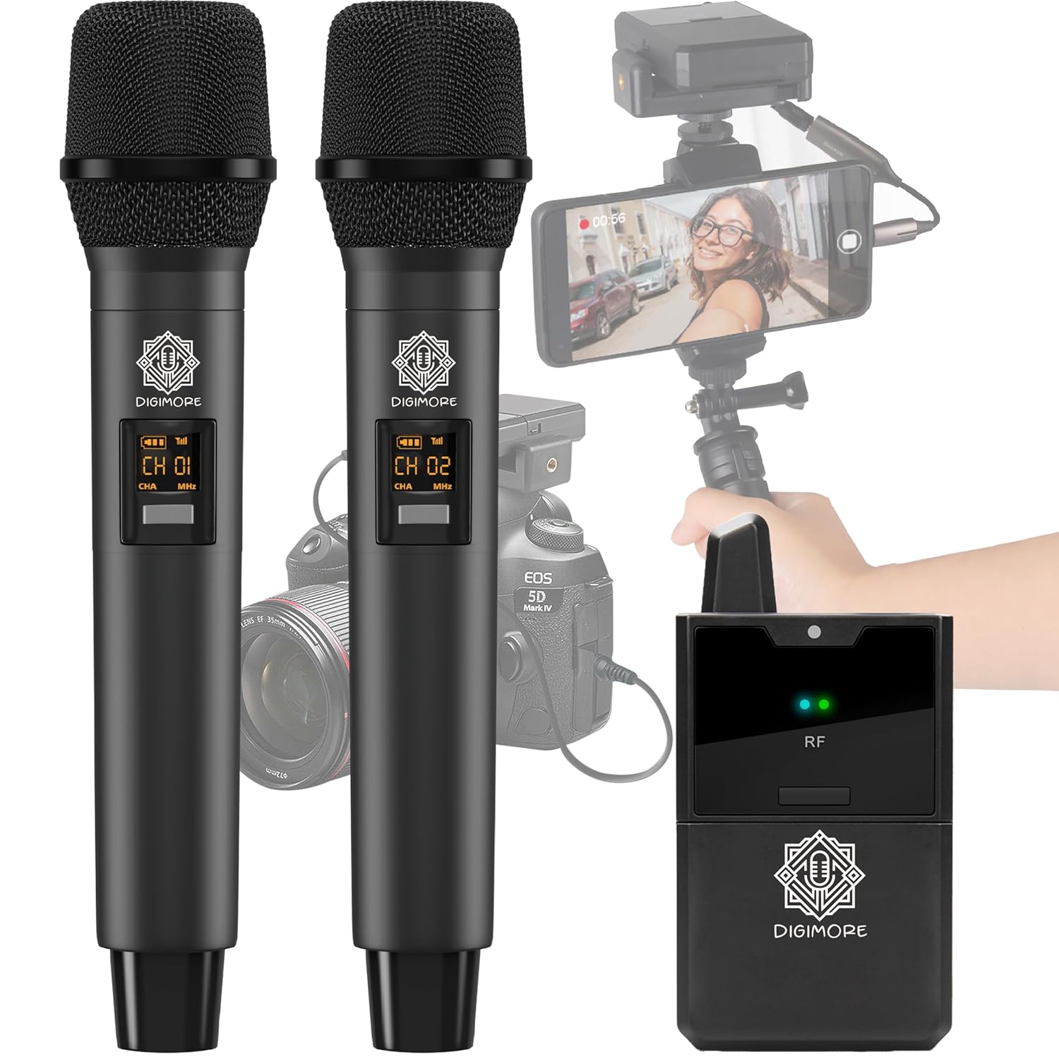DIGIMORE Dual UHF Wireless Handheld Microphone for Camera & Smartphones ...
