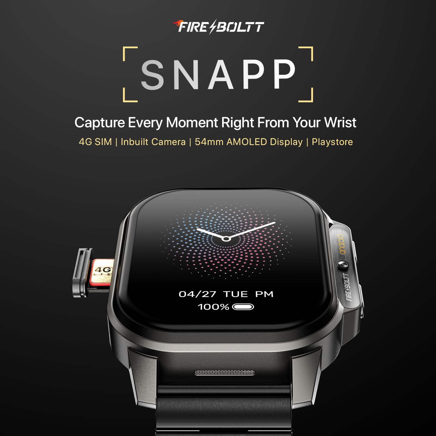 Fire-Boltt Snapp Smart Watch, Selfie Camera, 4G Nano-SIM Slot, 54.1mm ...