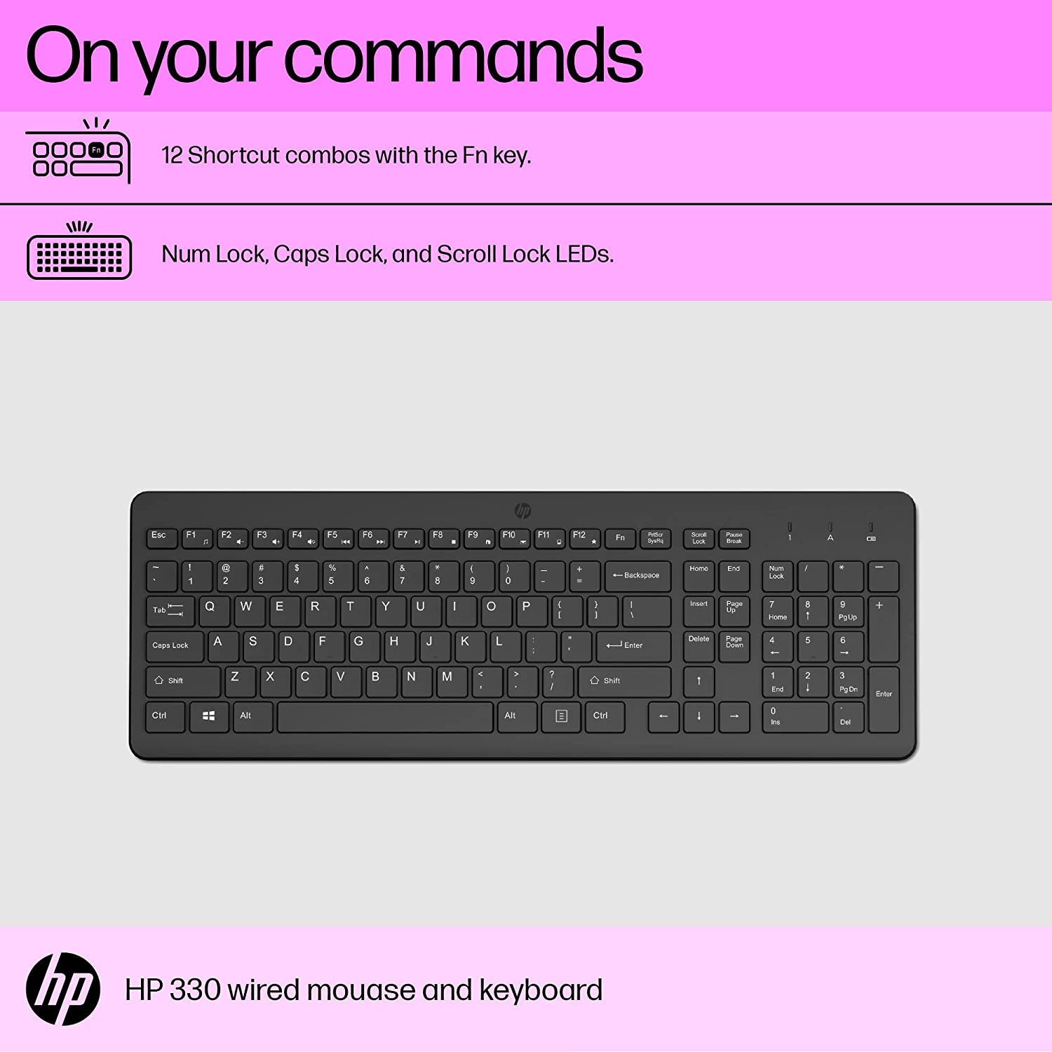 HP 330 Wireless Black Keyboard and Mouse Set with Numeric Keypad, 2 ...