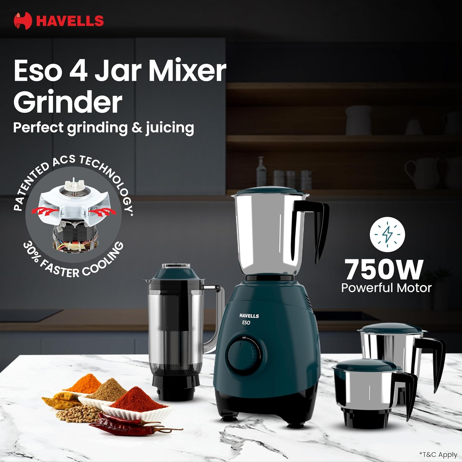 Havells ESO 750 Watt Mixer Grinder | 4 Jars (3 Stainless Steel + 1 ...
