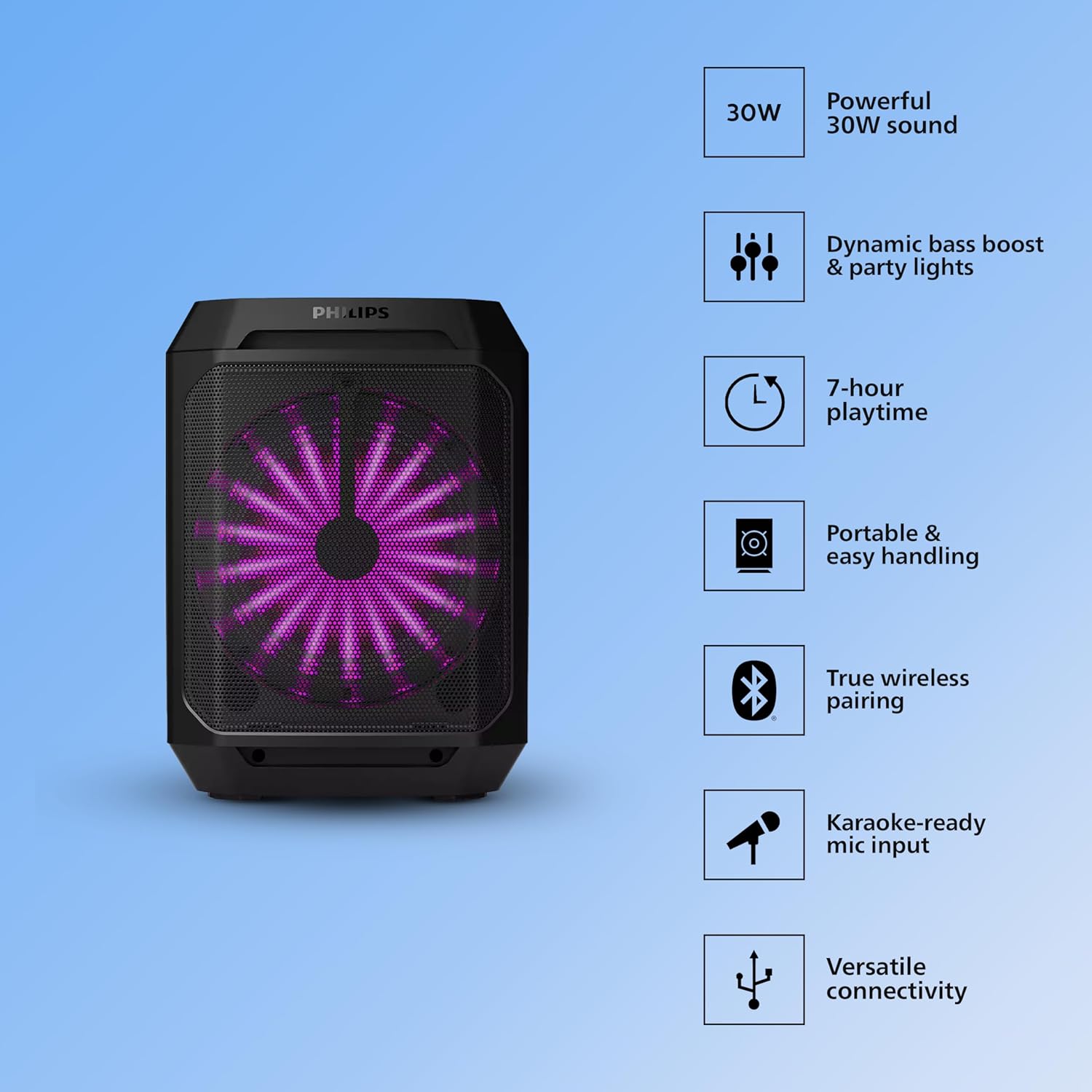 Philips TAX2208 Bluetooth Party Speaker with Free Wired Mic, 8 Speaker ...