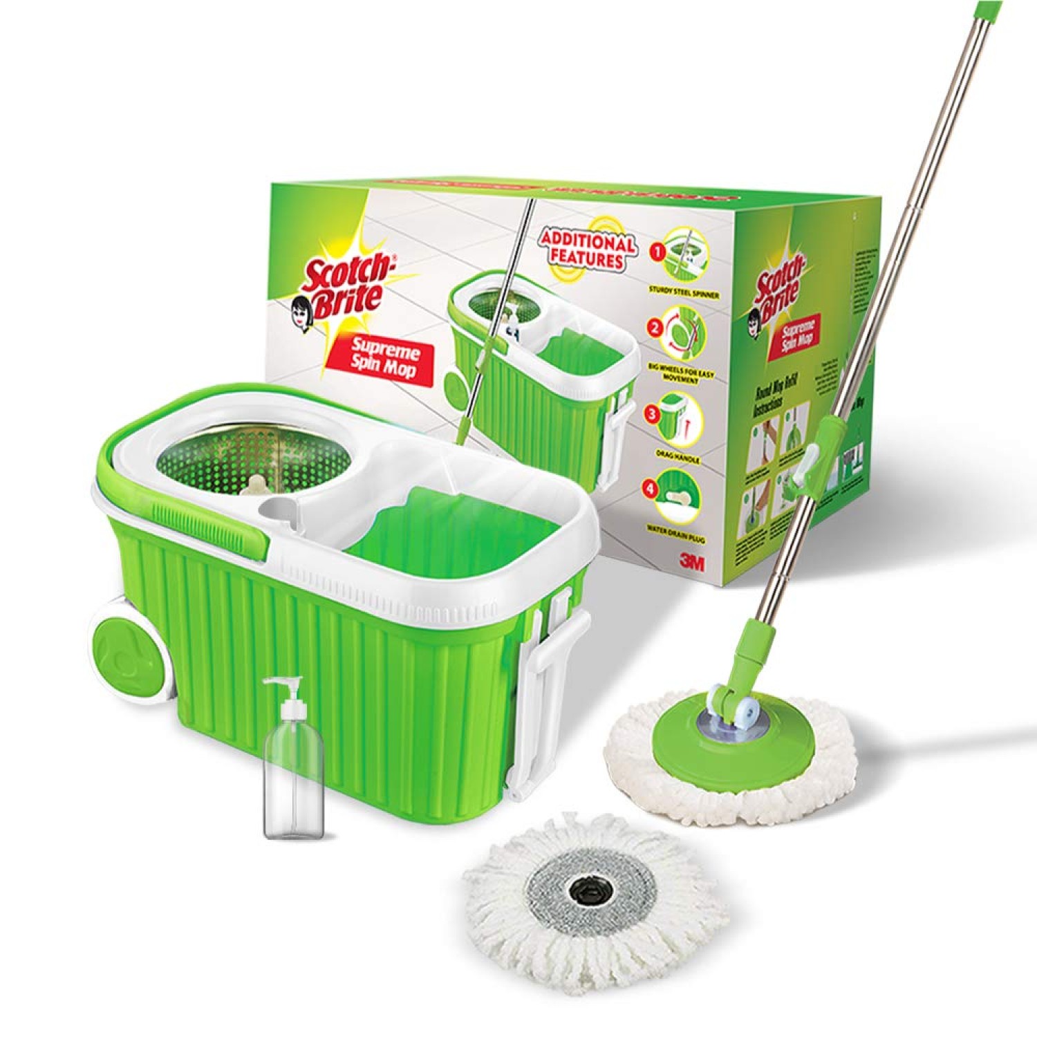 Scotch-Brite Supreme Spin Bucket Mop with Steel Spinner, Wheels, Drag ...