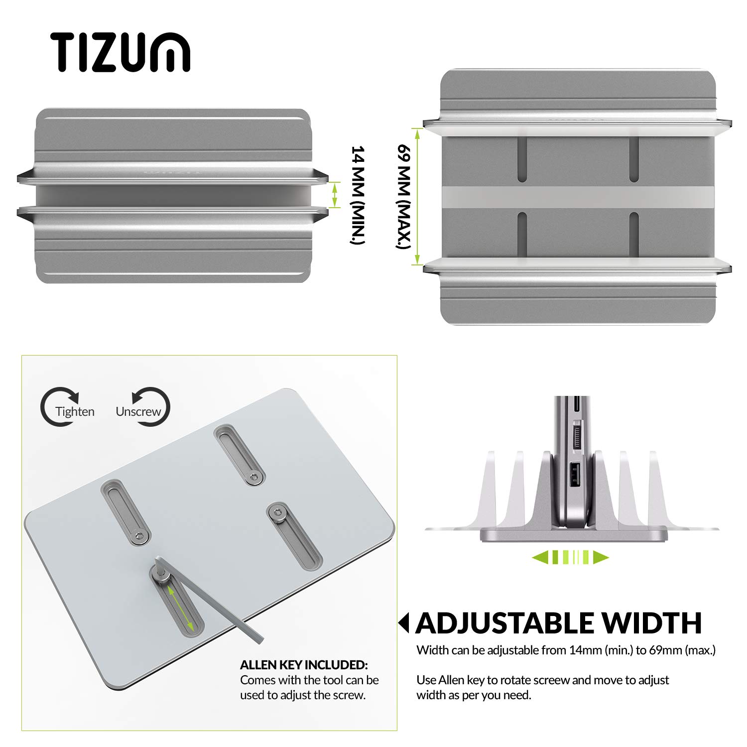 Tizum Vertical Laptop Stand for Desk with Adjustable Dock Width,