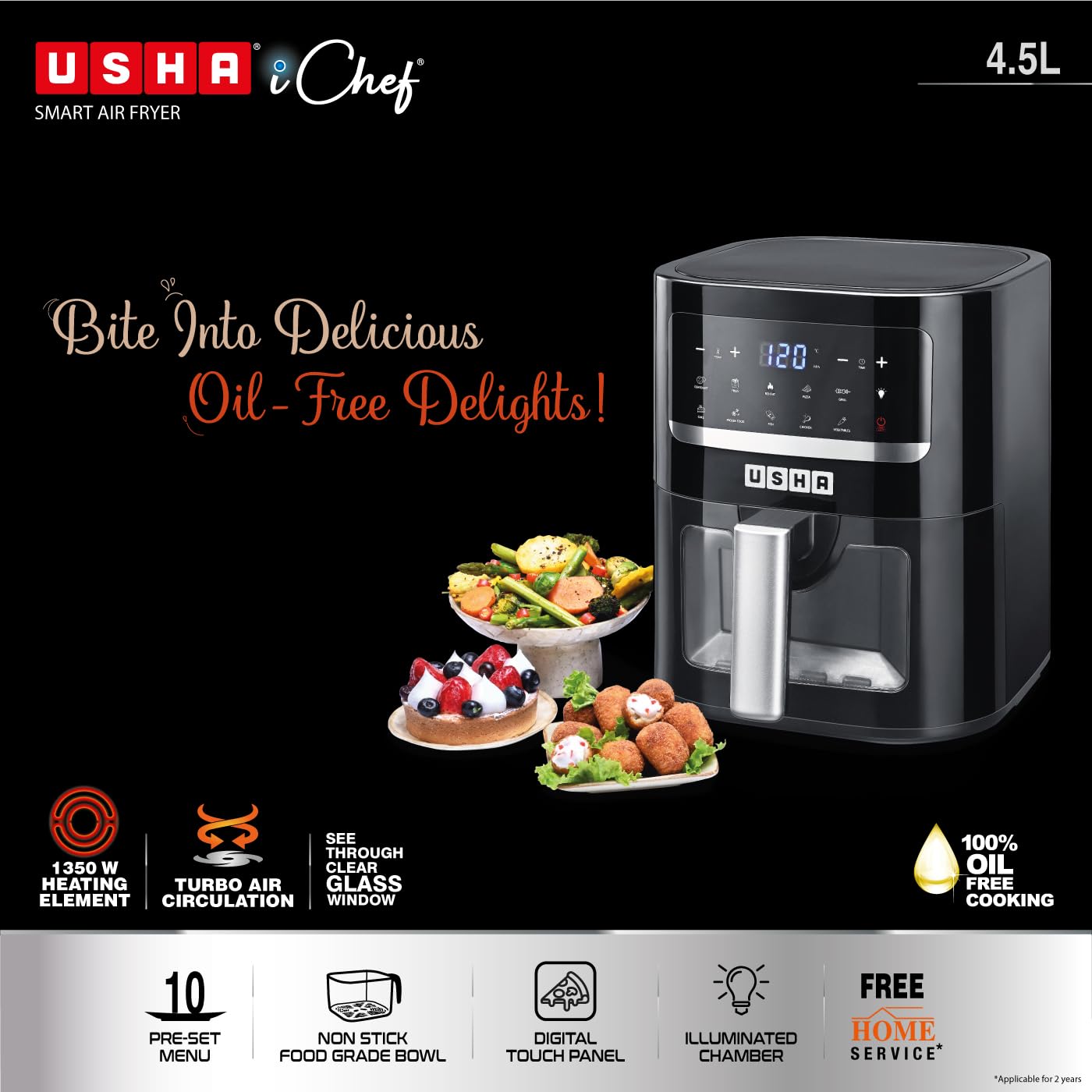 USHA Ichef Smart Air Fryer 4.5L,10 In 1 Functions10 Preset Menu|Digital ...