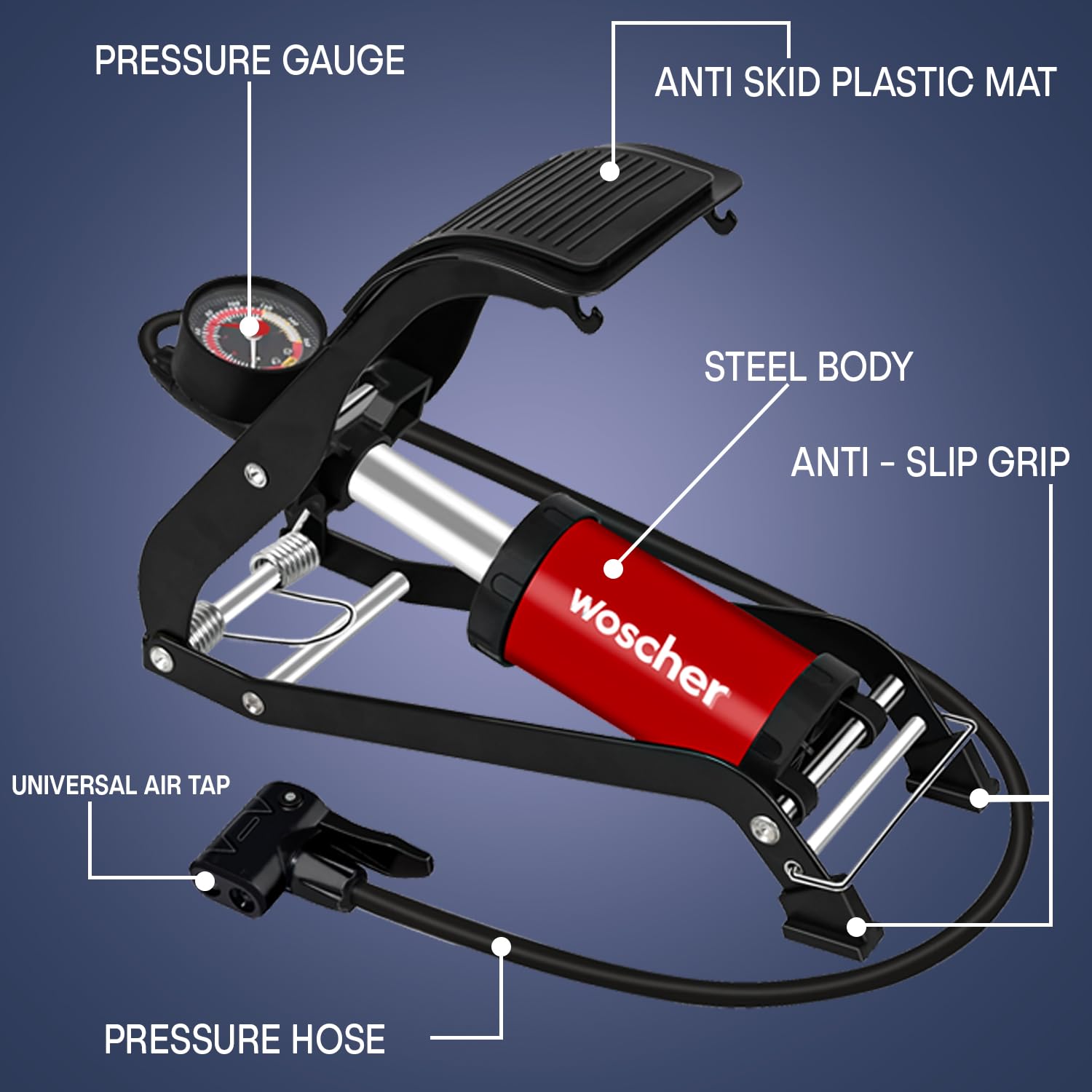 Woscher 8702Z Single Cylinder | Portable Foot Pump | Air Tyre Inflator ...